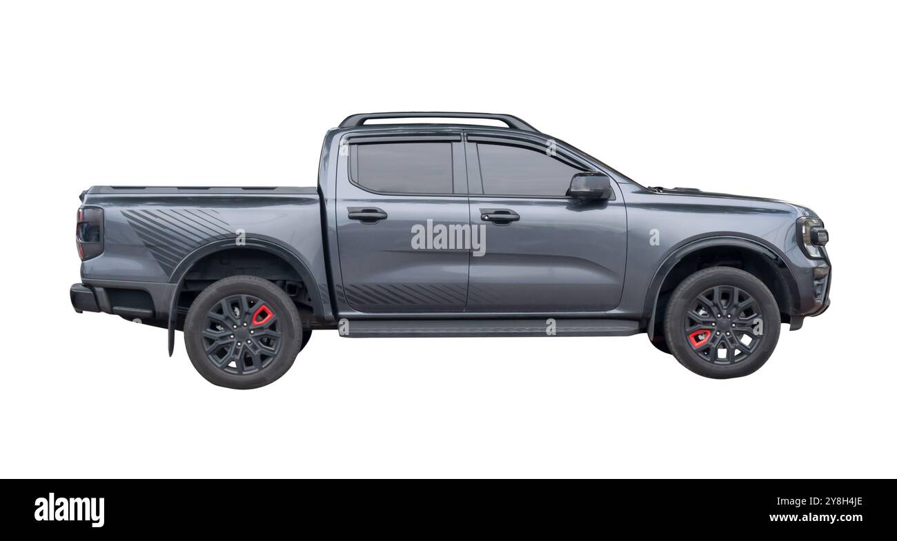 Side view of dark gray or black pickup truck is isolated on white ...
