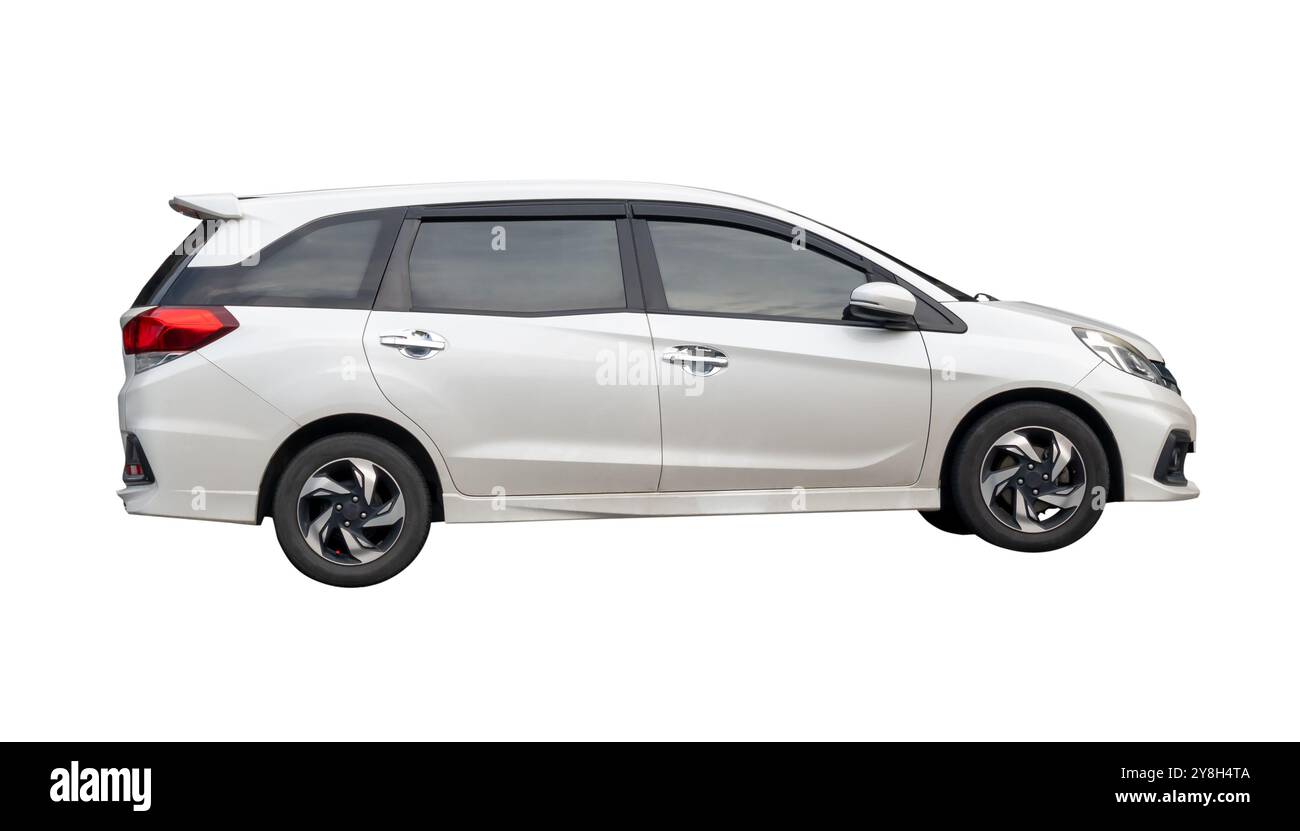 Side view of white hatchback car is isolated on white background with ...