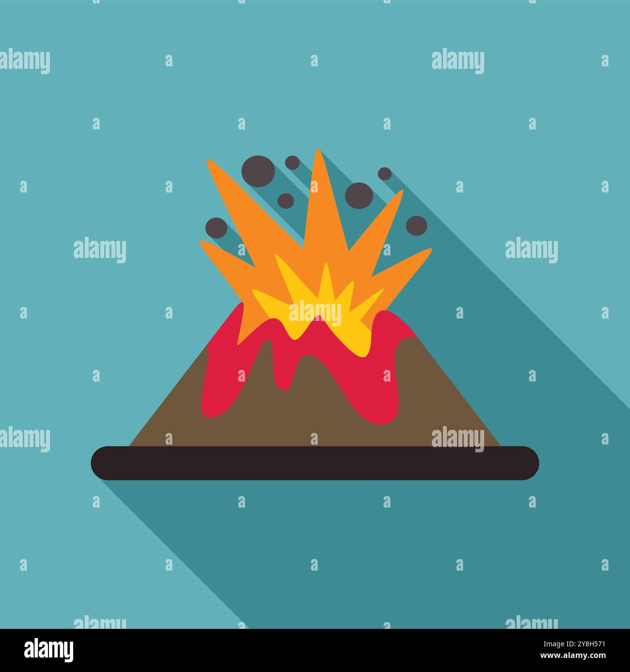 Volcano erupting with molten lava, smoke and ash, in flat design with ...