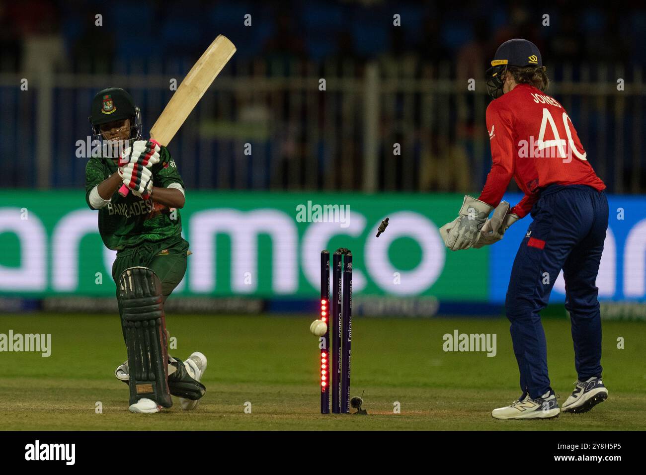 Bangladesh's Shorna Akter is bowled out by England's Sarah Glenn during ...