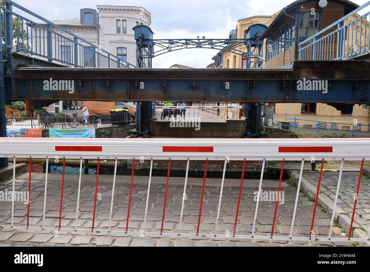 Lift bridge in the city of Plau am See with a closed barrier Stock ...