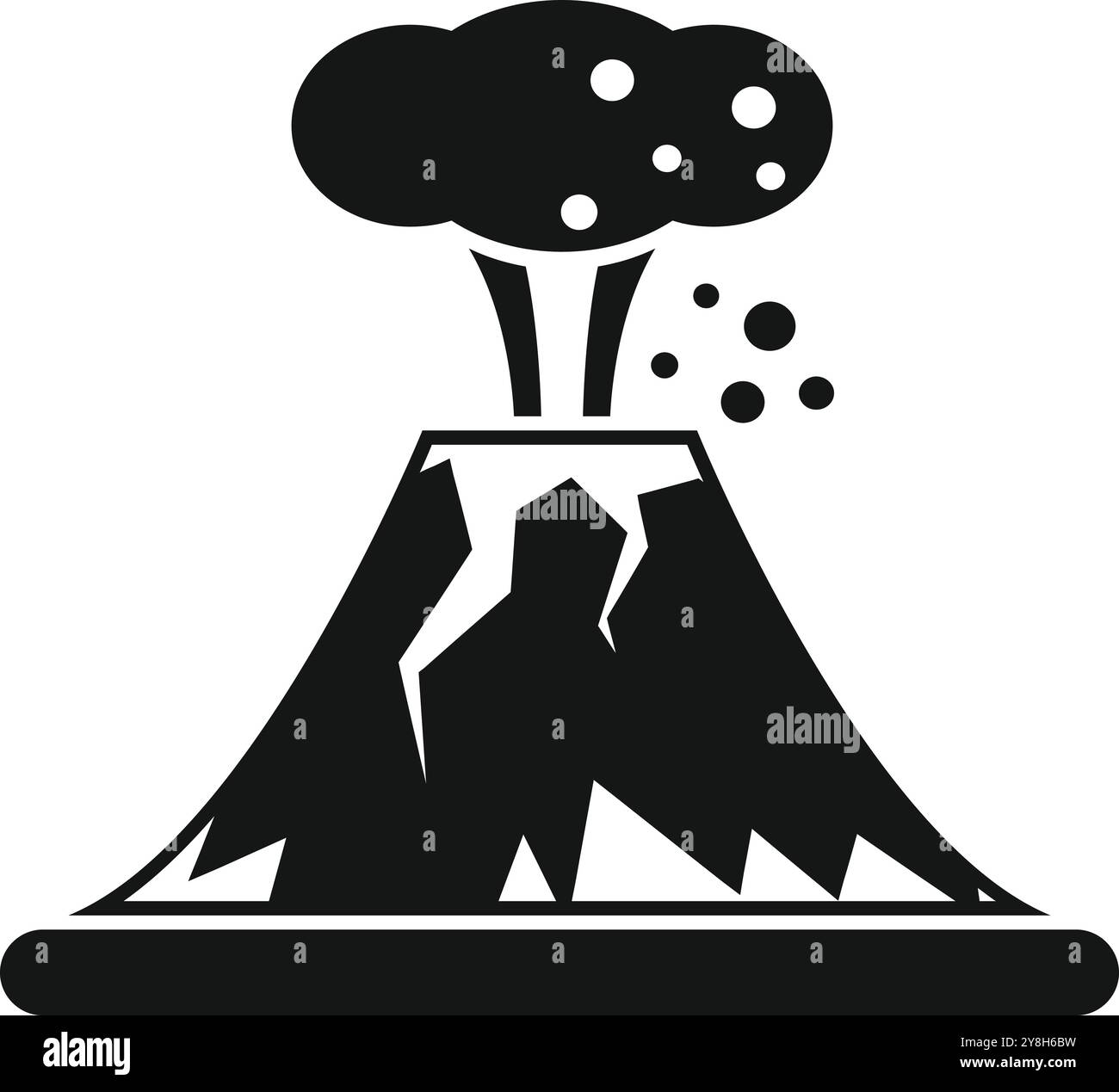 Black and white icon of a volcano erupting with smoke and magma rocks ...