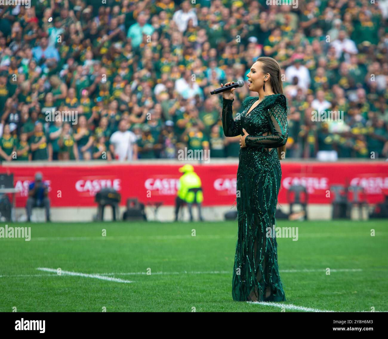 South African singer Nina Brand singing the SA National Anthem before ...