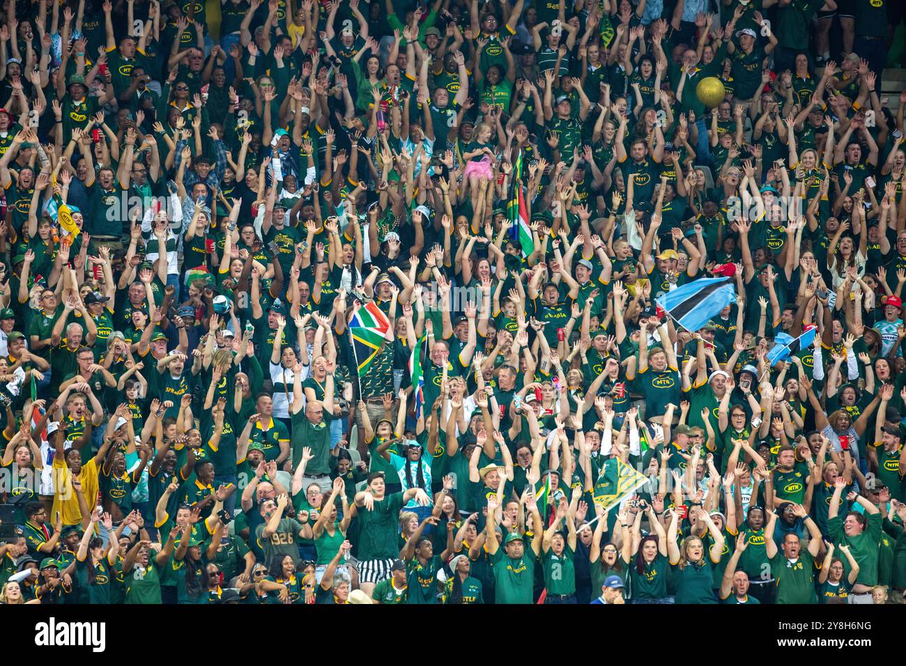 Excited fans in a packed Mbombela Stadium doing a Mexican wave Stock ...