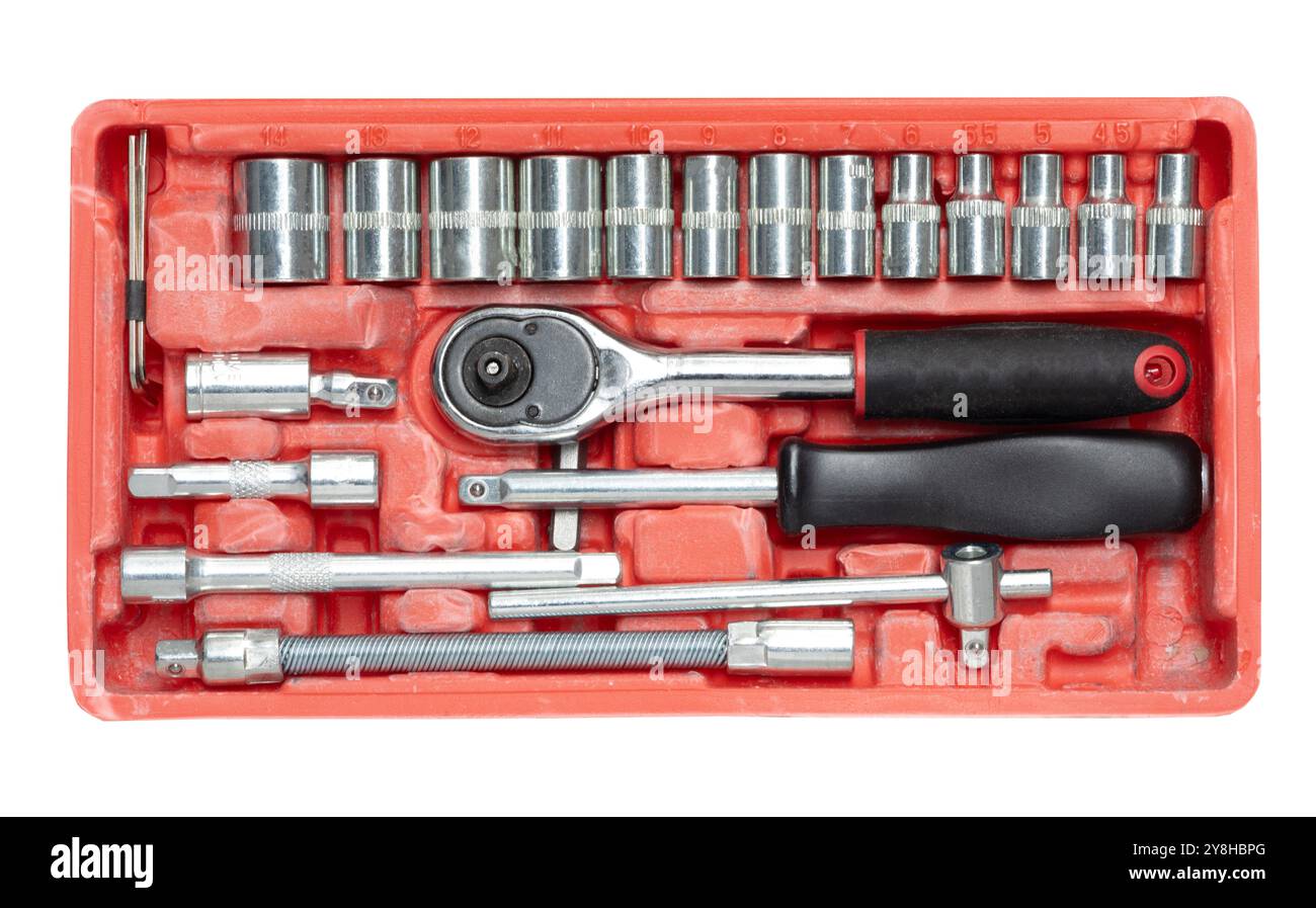 Set of mechanical tools in red plastic box Stock Photo - Alamy