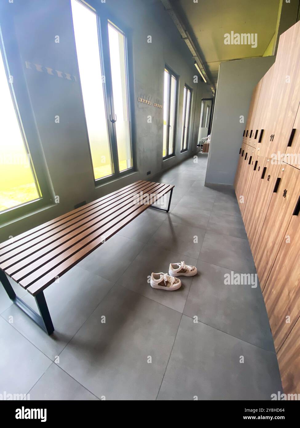 Wooden bench in empty locker room at gym Stock Photo - Alamy