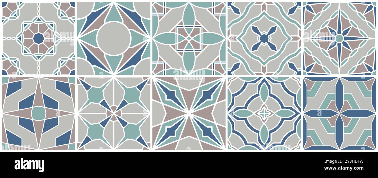 Collection of seamless geometric mosaic patterns - trendy blue tile textures. Decorative color ...