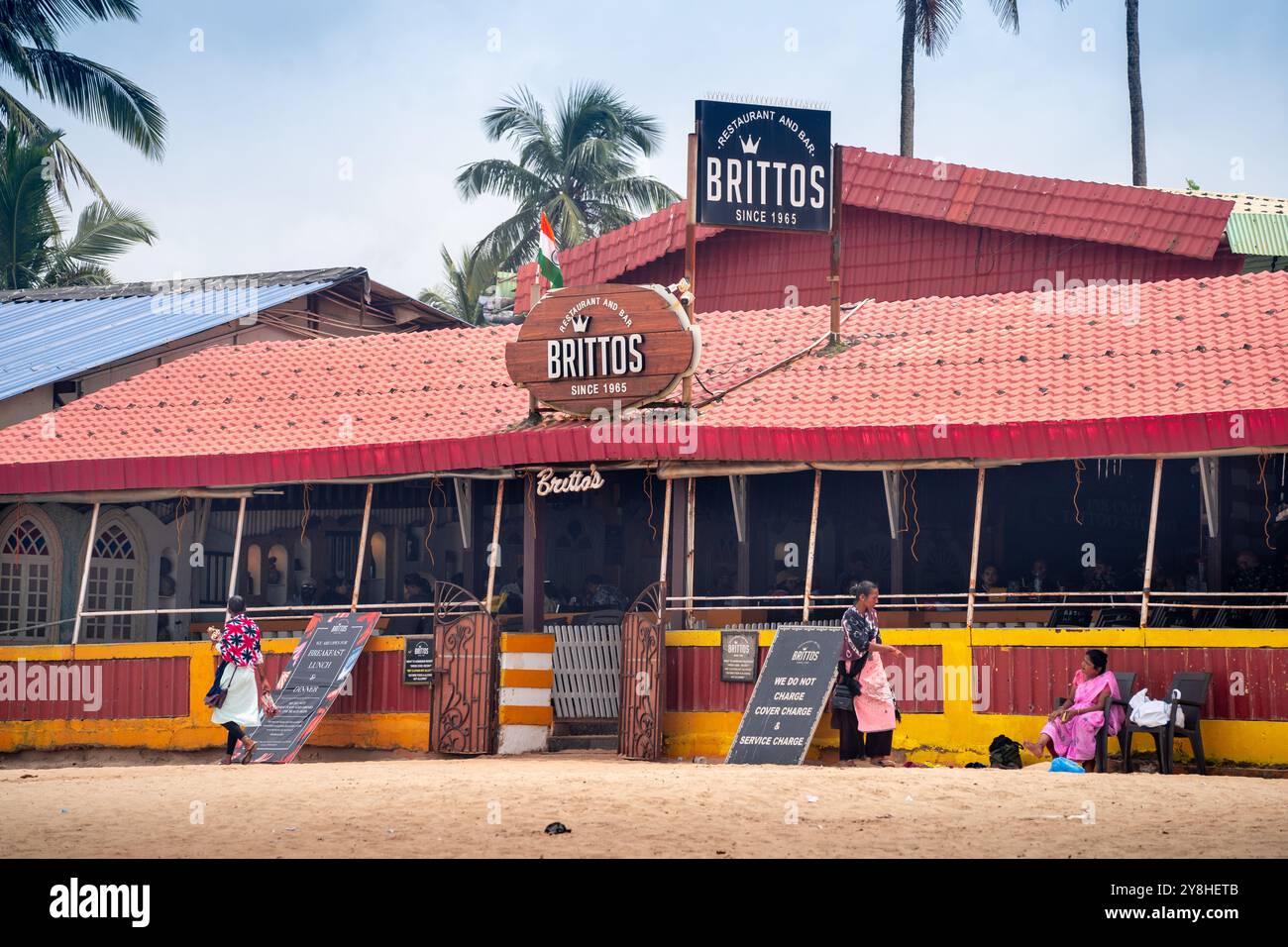 wide angle shot showing famous bar shack Brittos on baga calangute ...