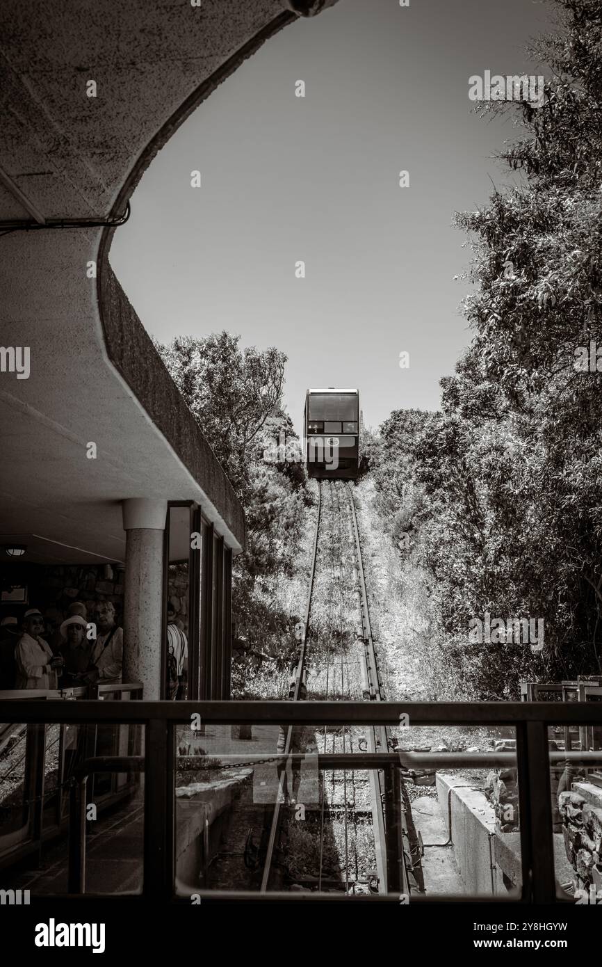 Black and white vertical photo of The Flying Dutchman Funicular, also ...