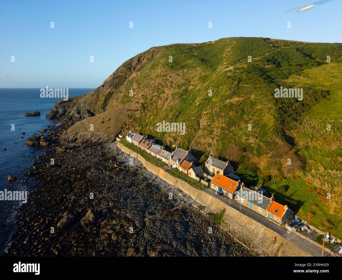 Aerial view from drone of village of Crovie, Aberdeenshire, Scotland ...