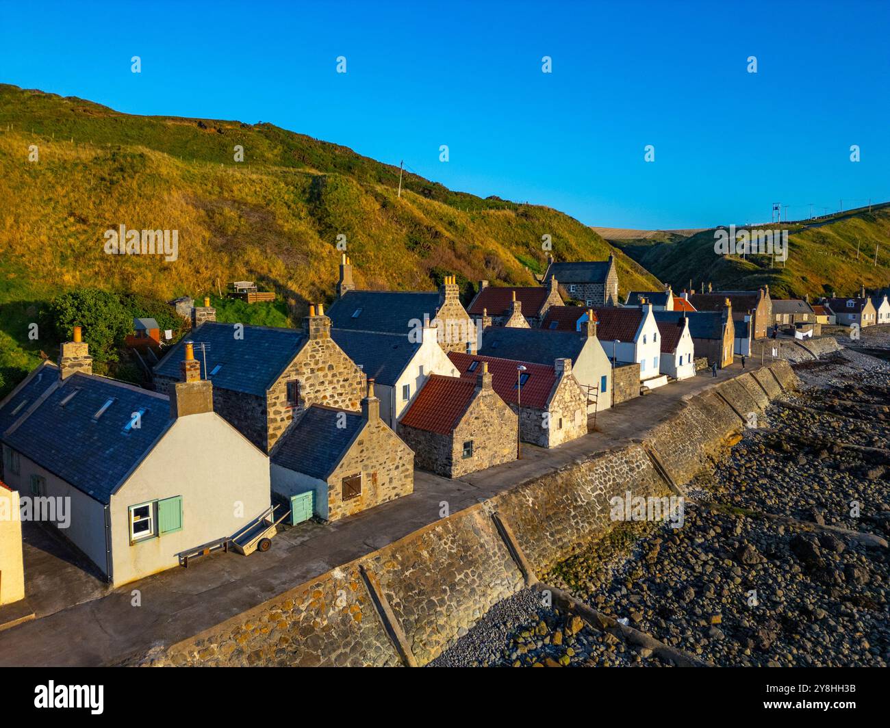 Aerial view from drone of village of Crovie, Aberdeenshire, Scotland ...