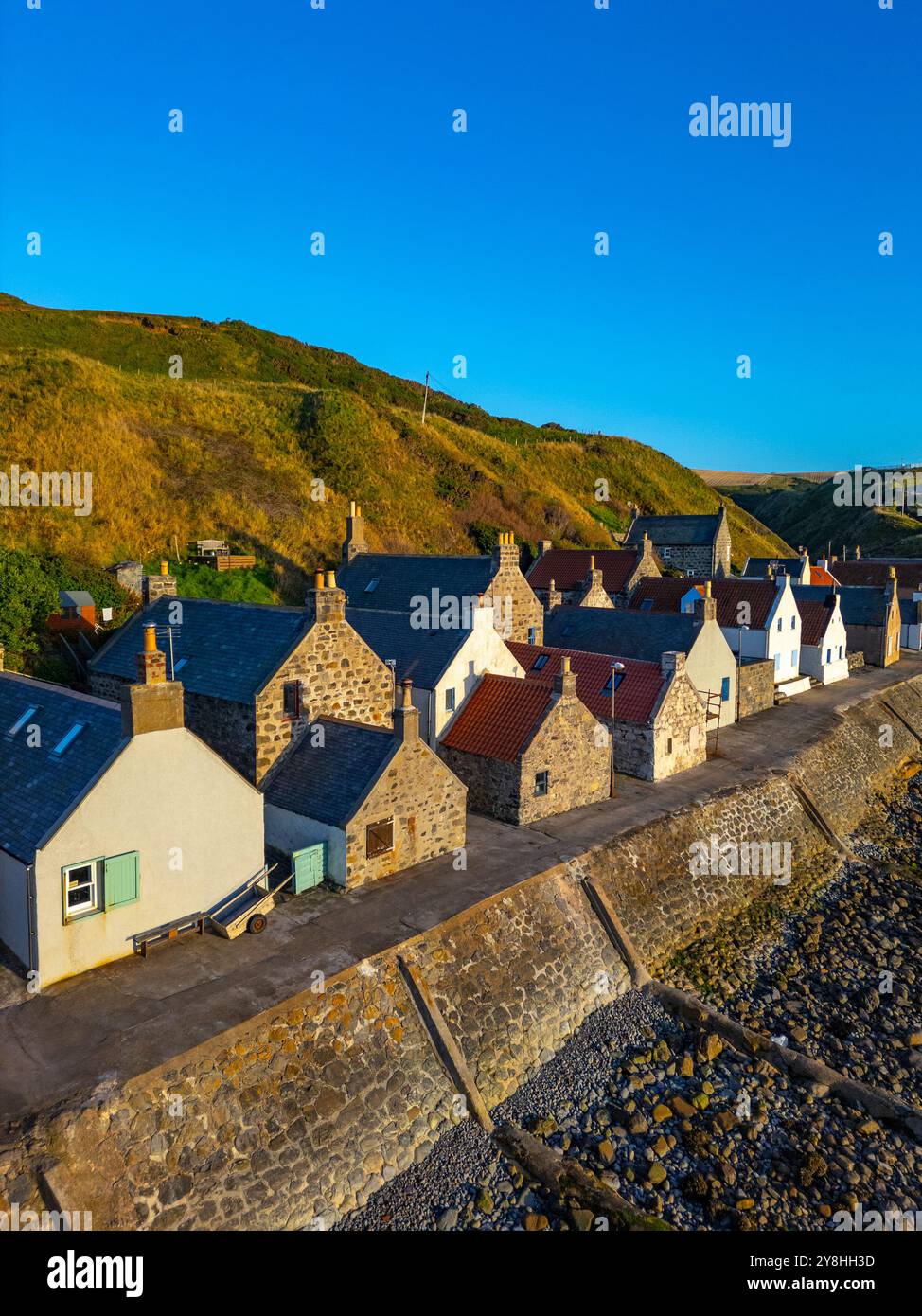 Aerial view from drone of village of Crovie, Aberdeenshire, Scotland ...