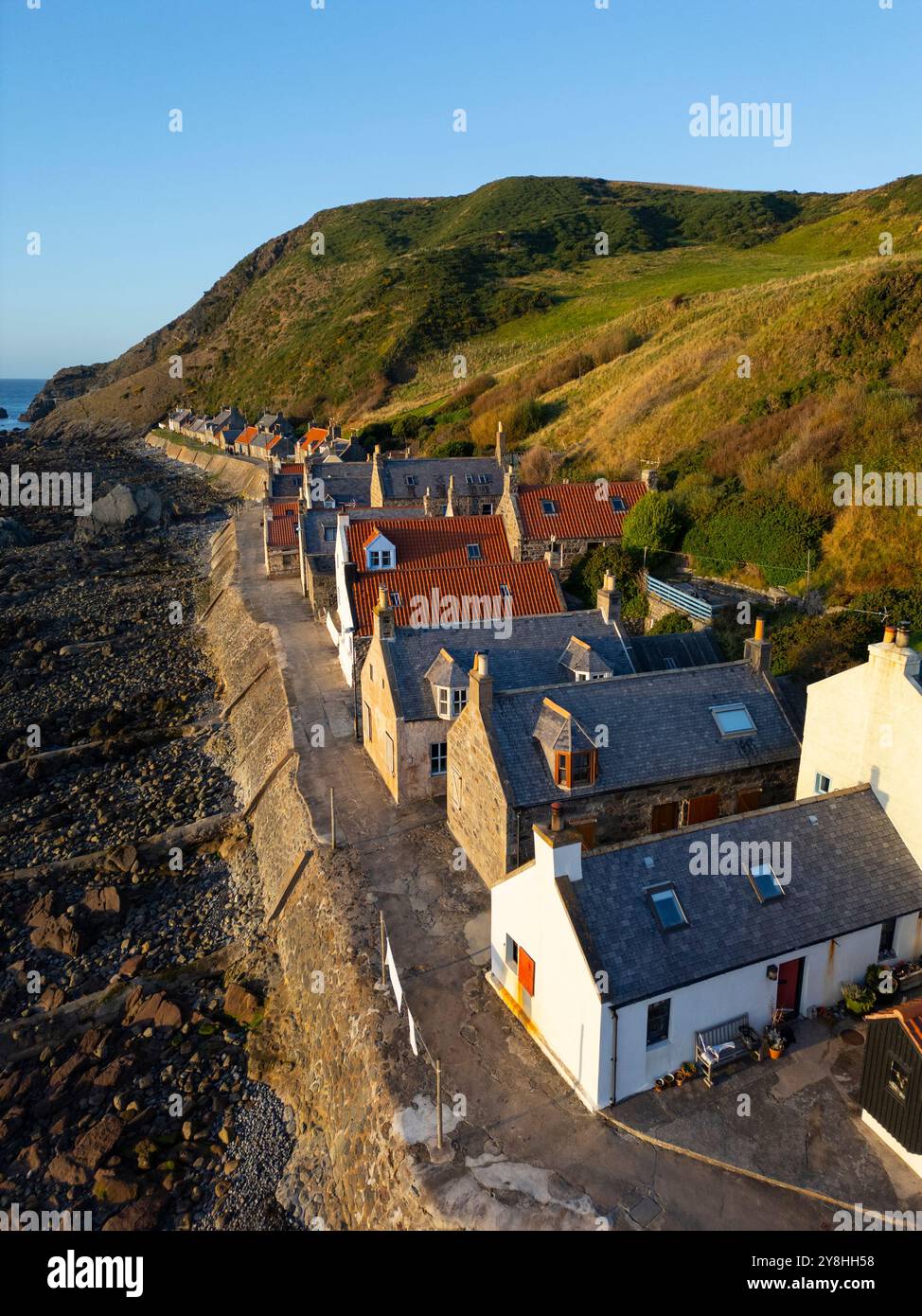 Aerial view from drone of village of Crovie, Aberdeenshire, Scotland ...
