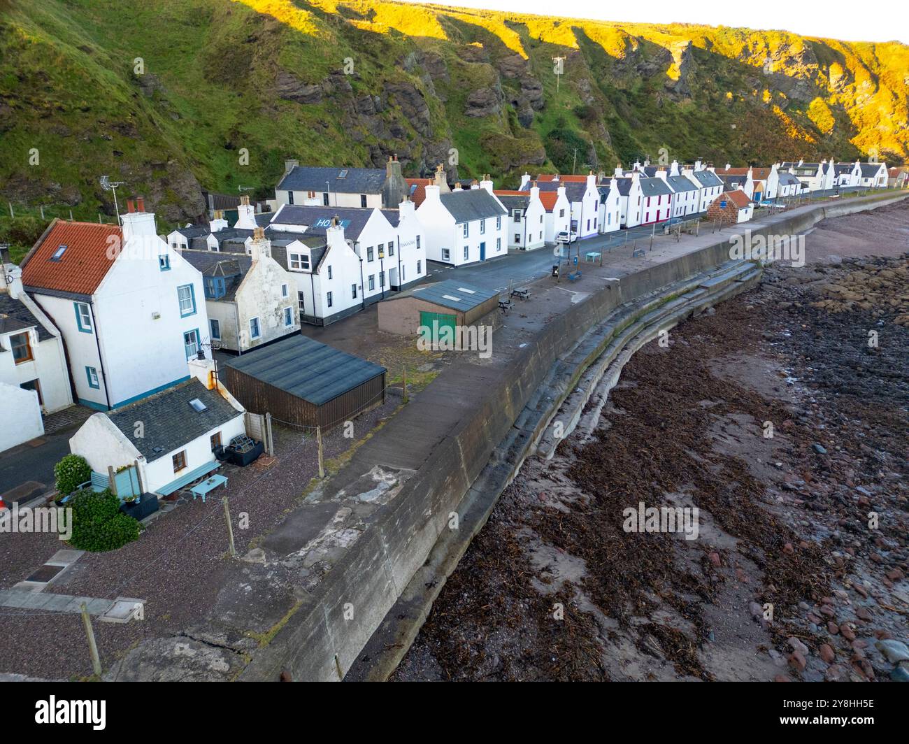 Aerial view from drone of village of Pennan, Aberdeenshire, Scotland ...