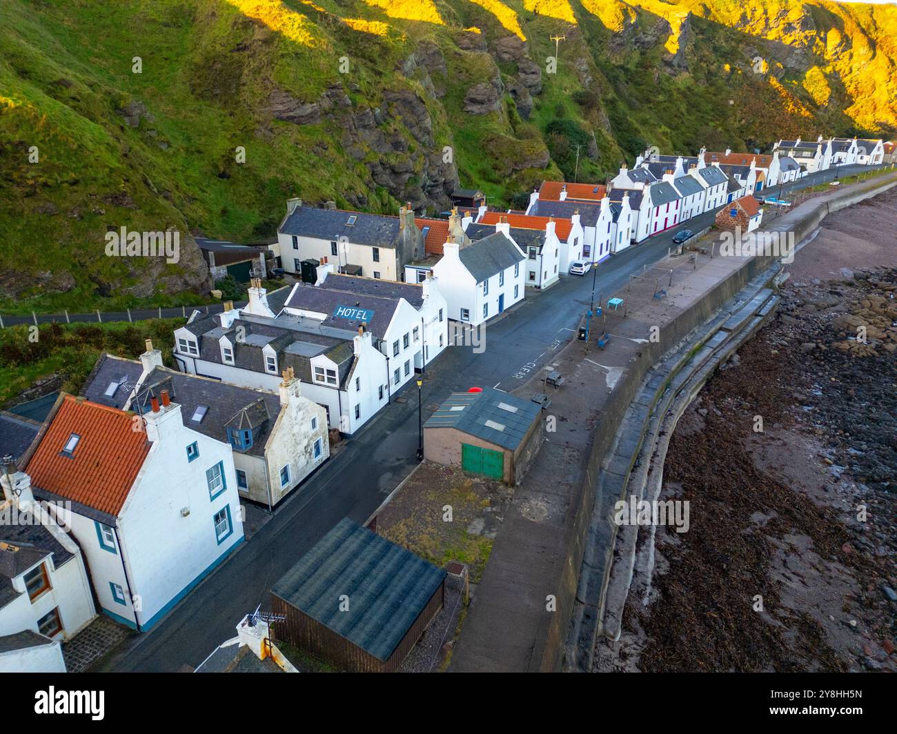 Aerial view from drone of village of Pennan, Aberdeenshire, Scotland ...