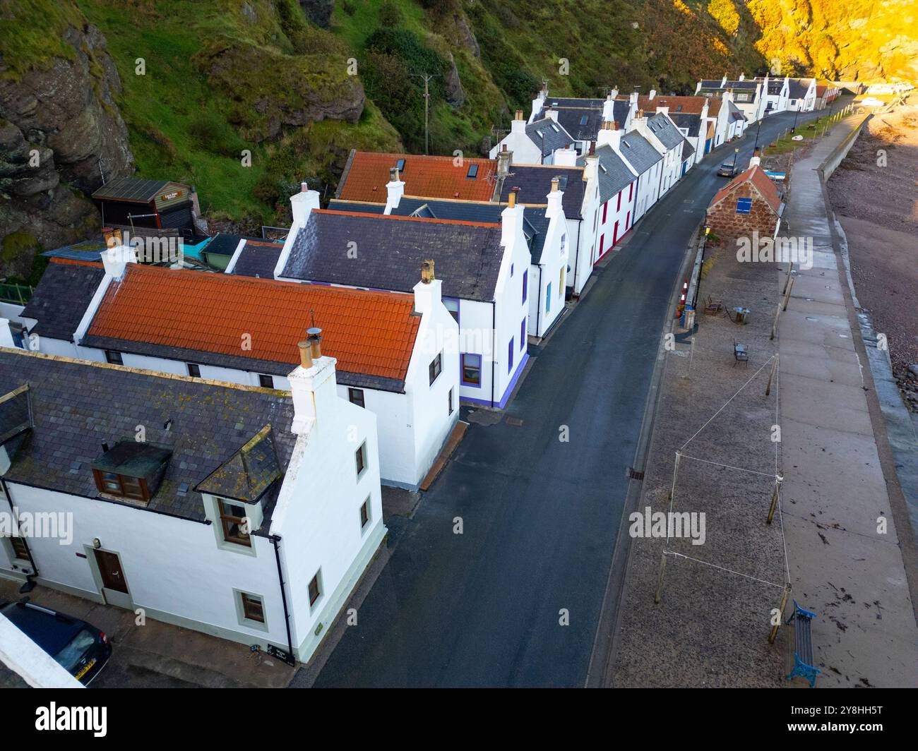 Aerial view from drone of village of Pennan, Aberdeenshire, Scotland ...