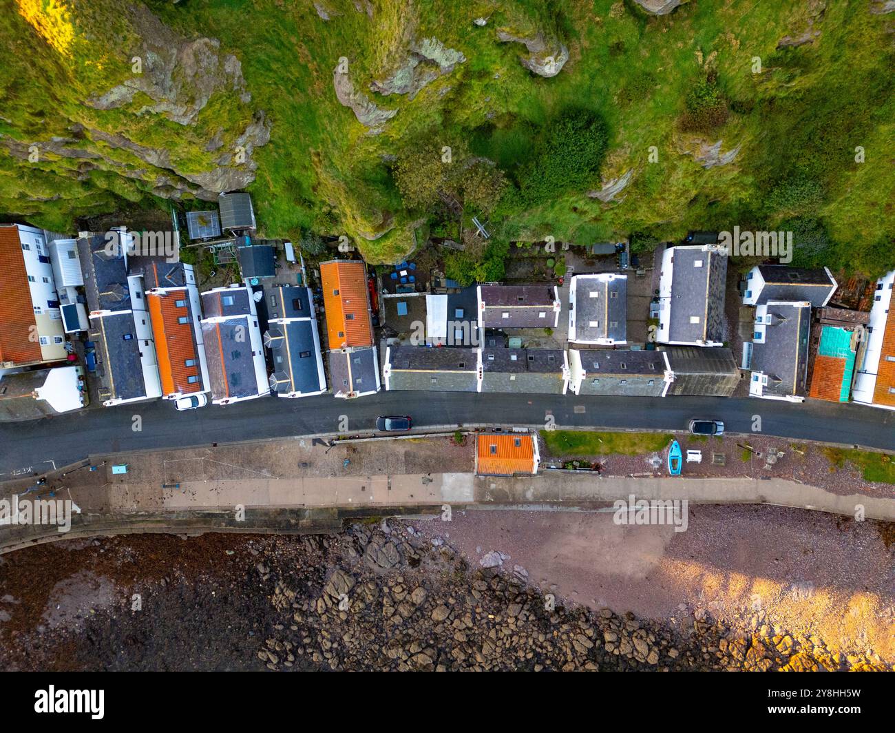 Aerial view from drone of village of Pennan, Aberdeenshire, Scotland ...