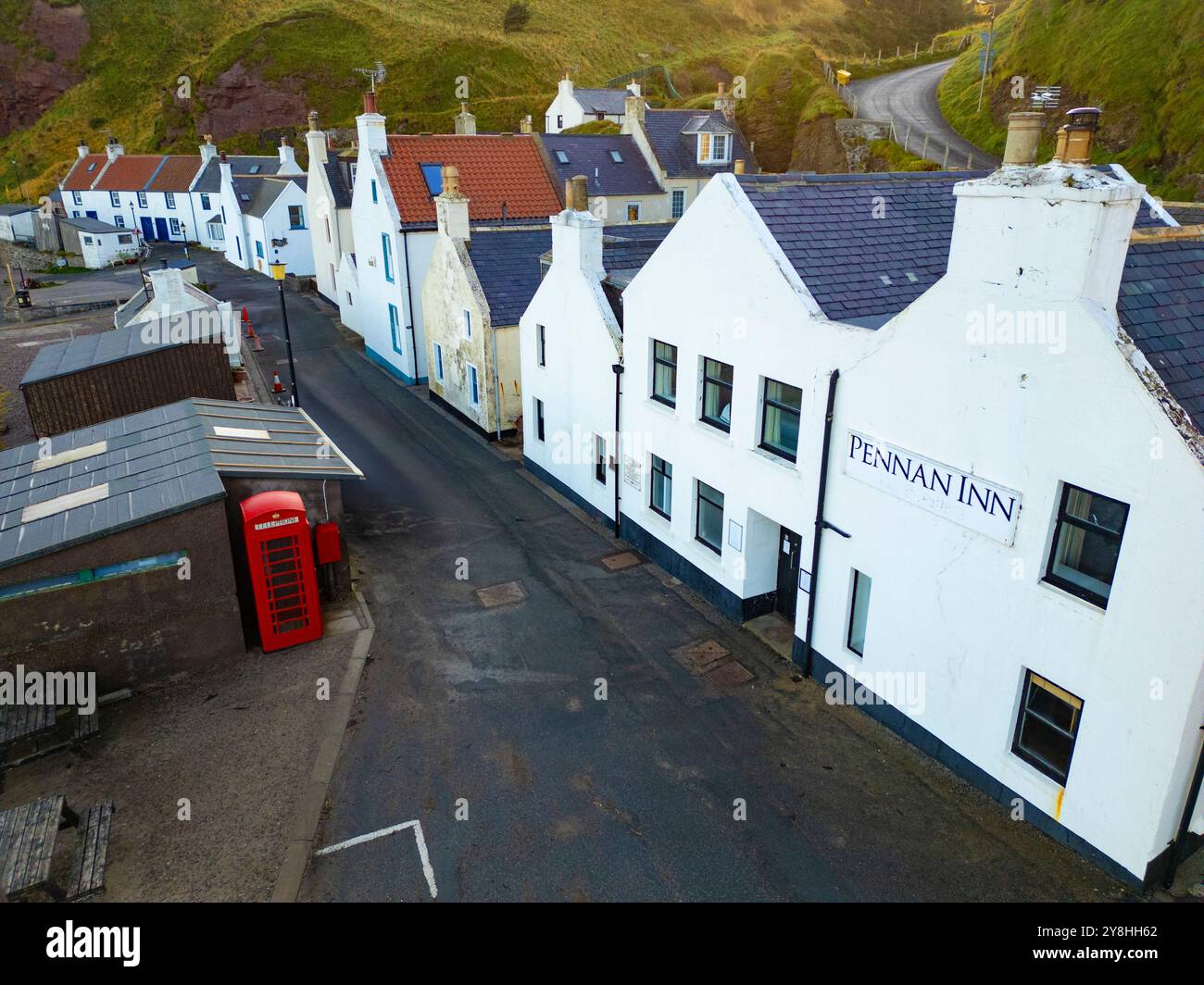 Aerial view from drone of village of Pennan, Aberdeenshire, Scotland ...