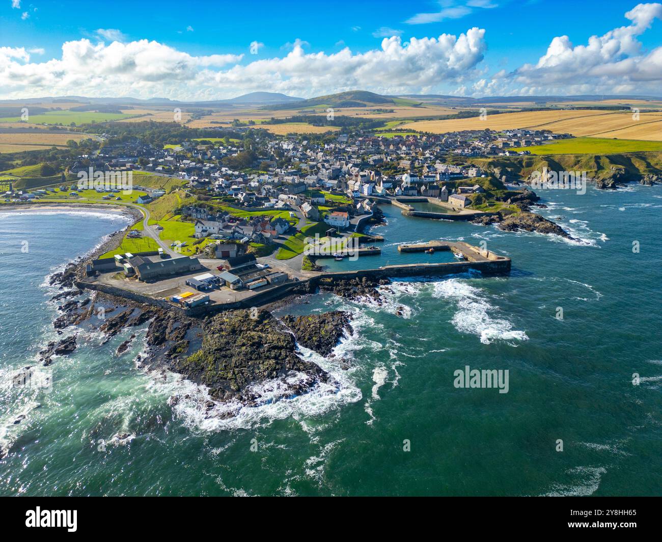 Aerial view from drone of Portsoy village and harbour on Moray coast in ...