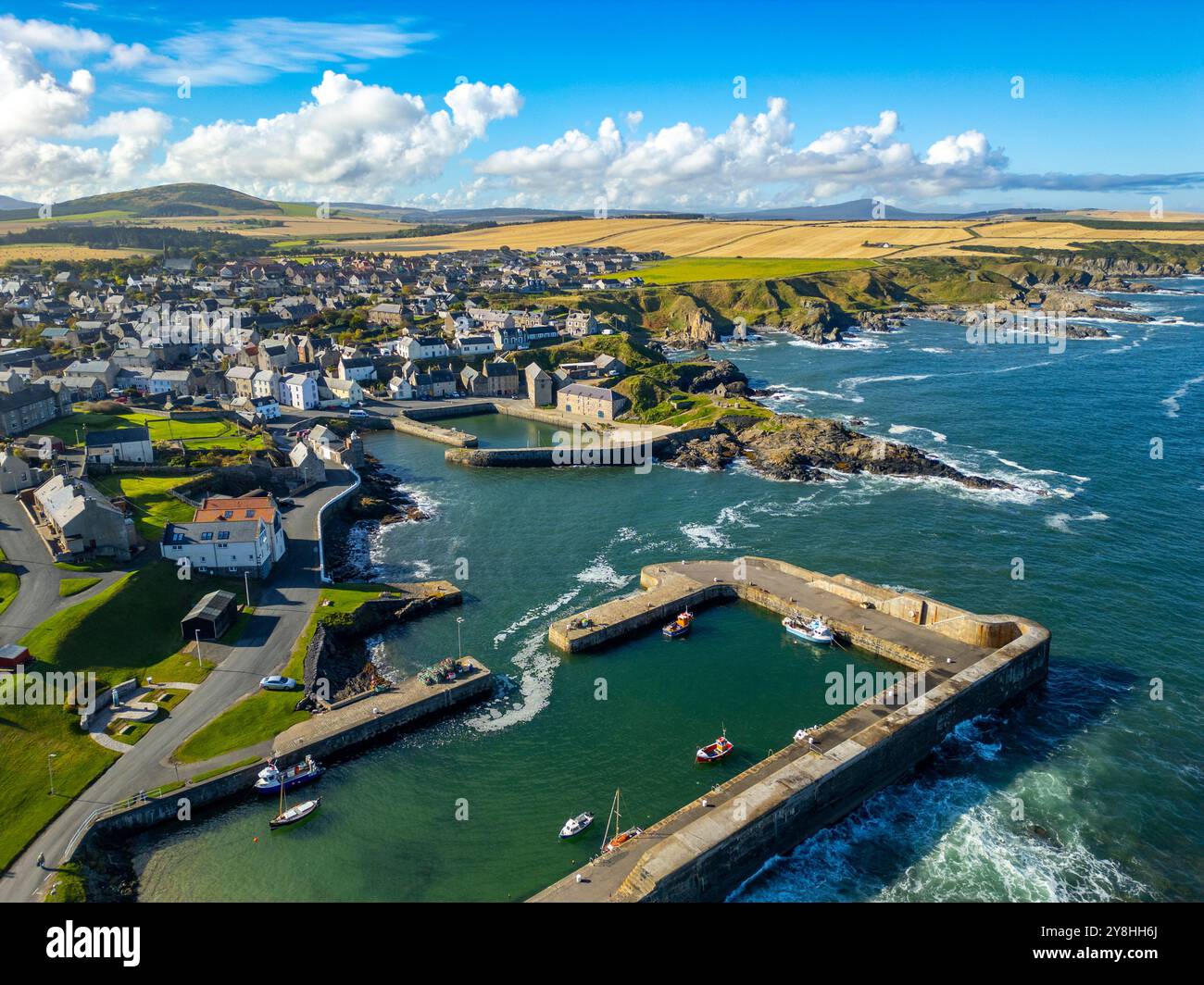 Aerial view from drone of Portsoy village and harbour on Moray coast in ...
