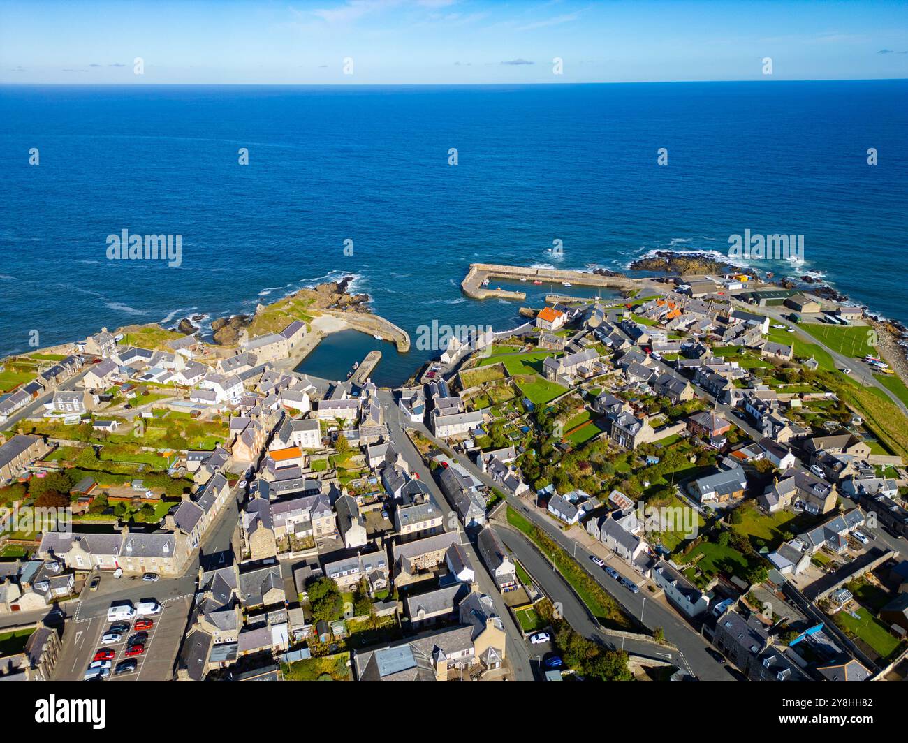 Aerial view from drone of Portsoy village and harbour on Moray coast in ...