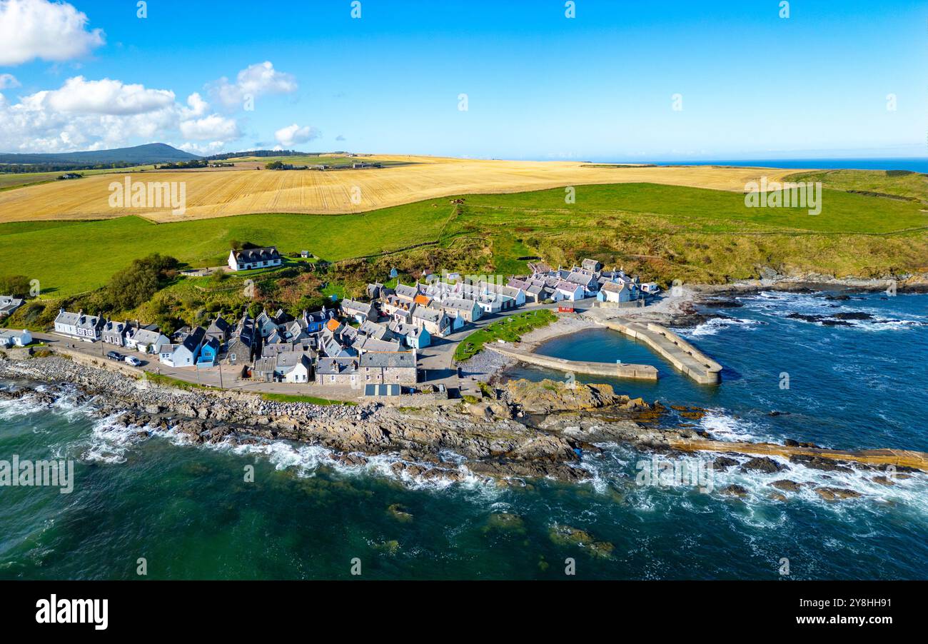 Aerial view from drone of beach and village at Sandend in Aberdeenshire ...
