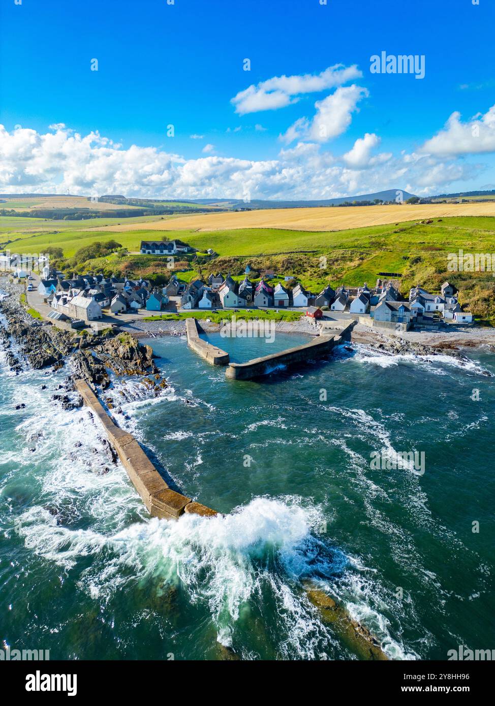 Aerial view from drone of beach and village at Sandend in Aberdeenshire ...