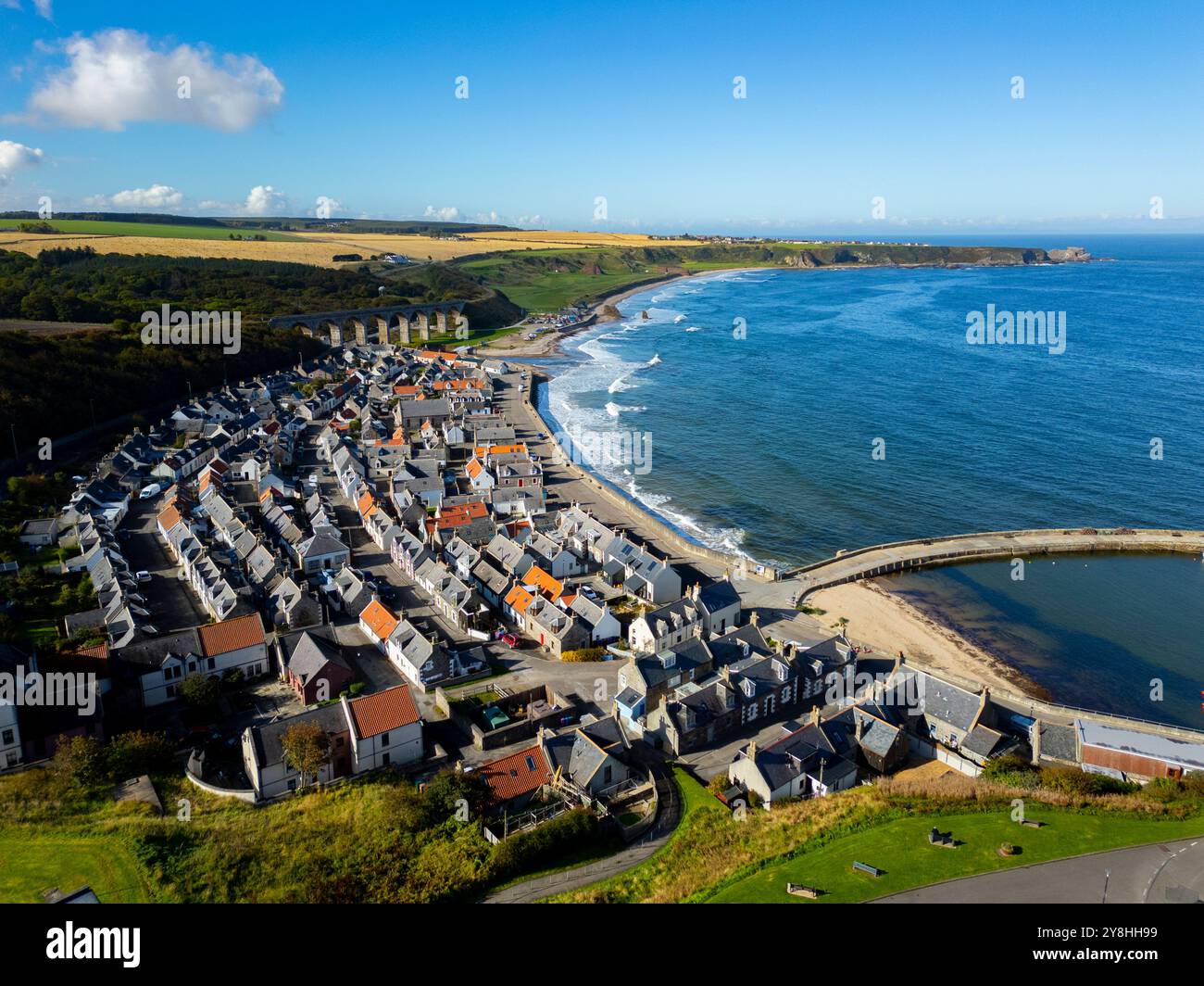 Aerial view from drone of Cullen village on Moray coast in Moray ...