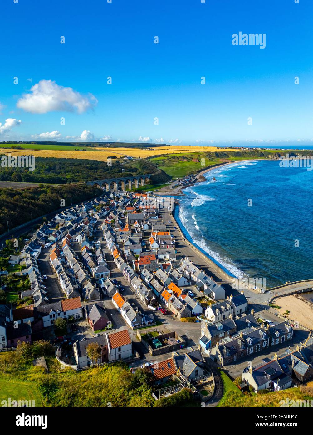 Aerial view from drone of Cullen village on Moray coast in Moray ...