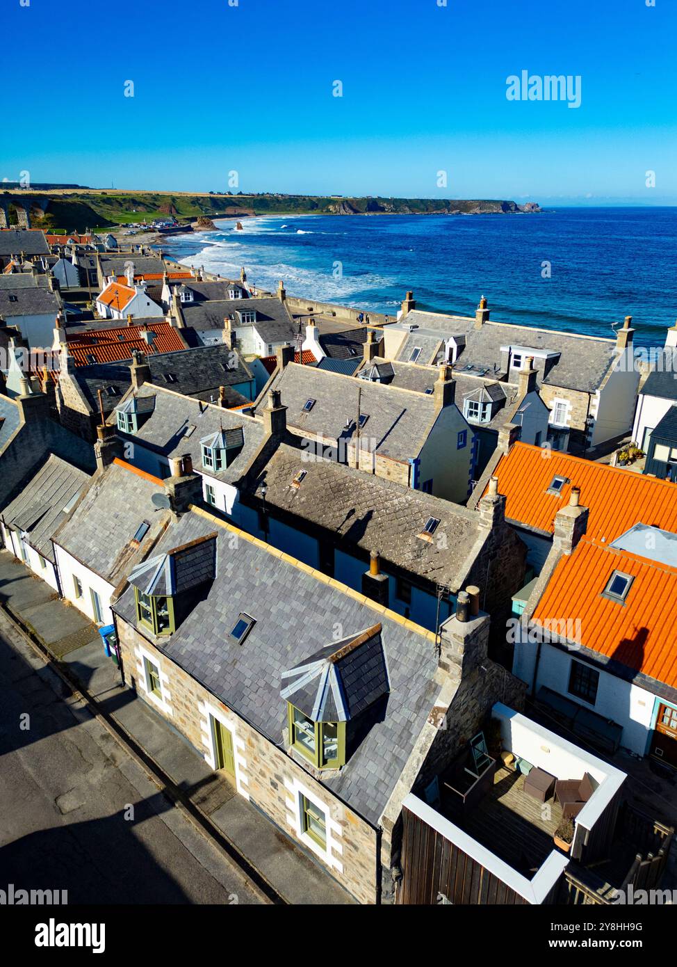 Aerial view from drone of Cullen village on Moray coast in Moray ...