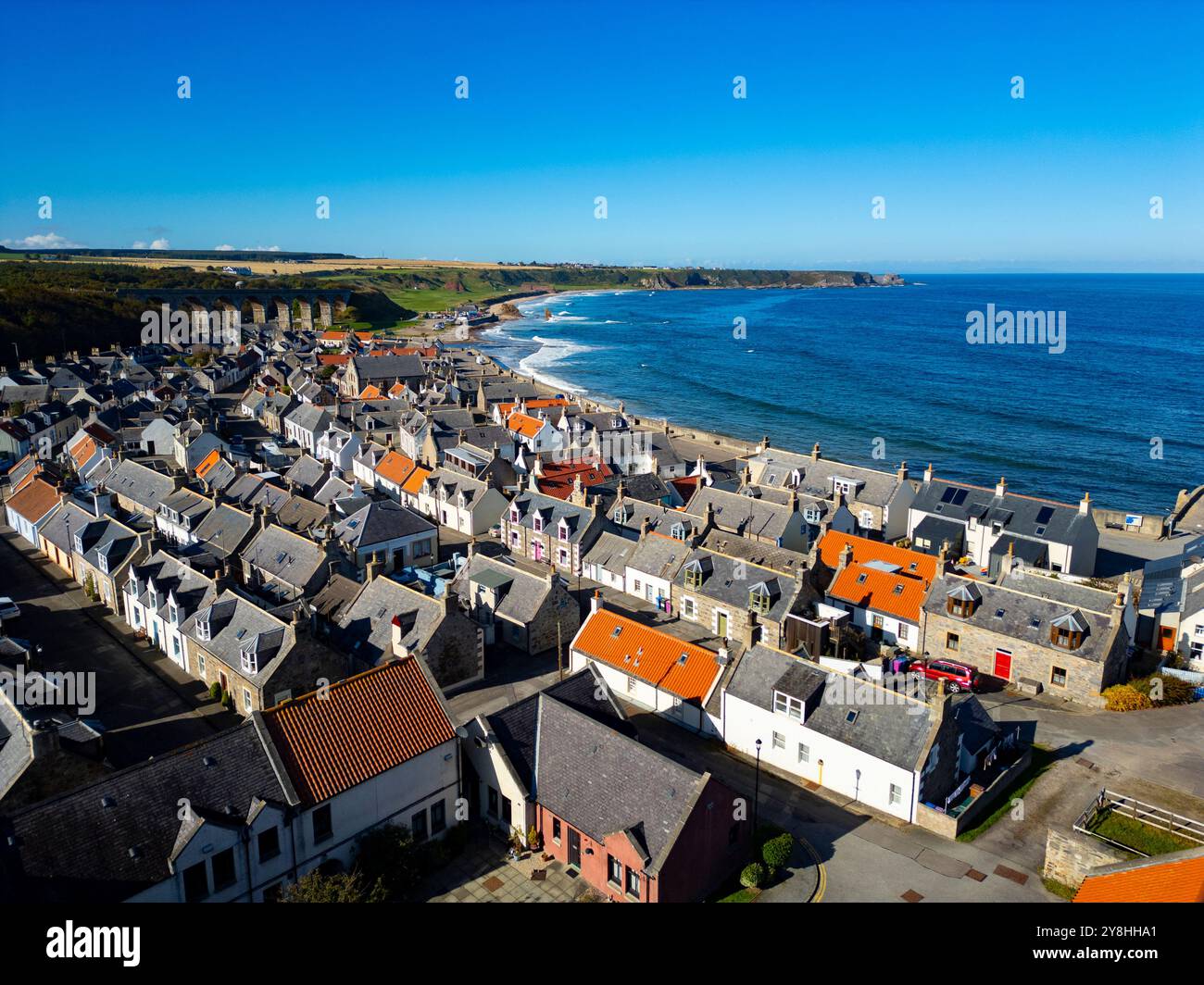 Aerial view from drone of Cullen village on Moray coast in Moray ...
