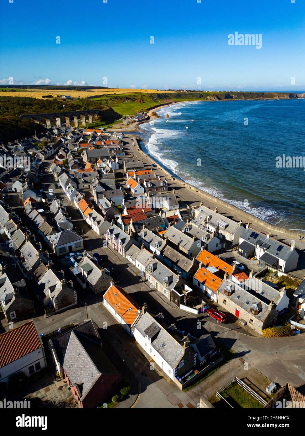 Aerial view from drone of Cullen village on Moray coast in Moray ...