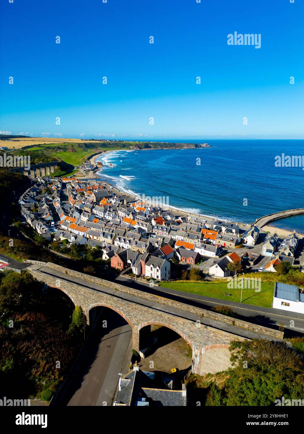 Aerial view from drone of Cullen village on Moray coast in Moray ...