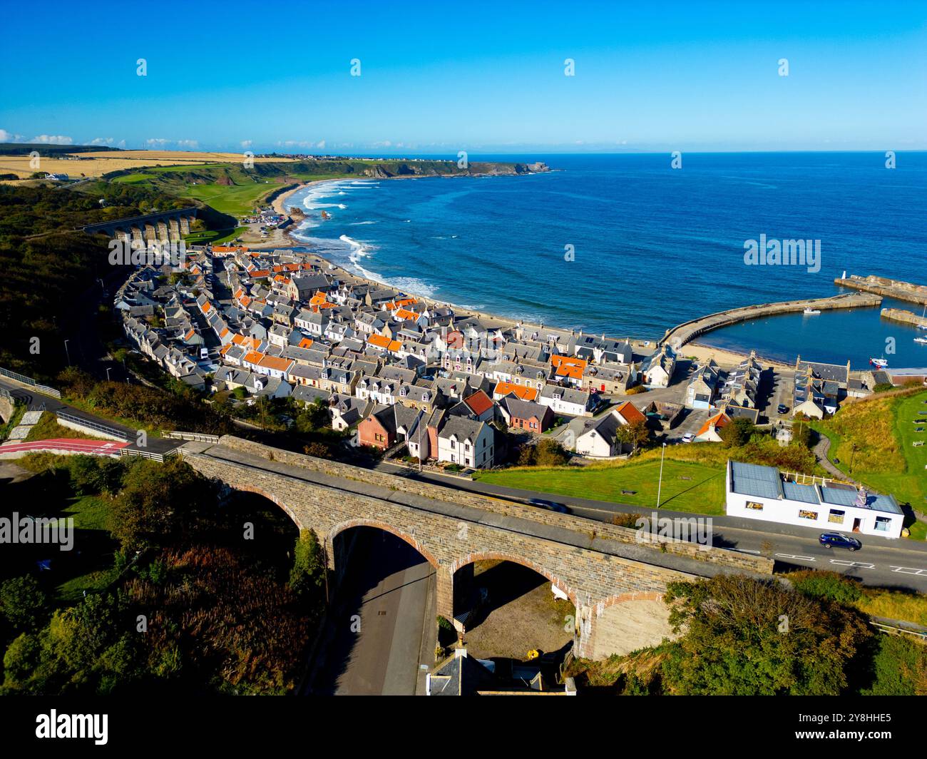 Aerial view from drone of Cullen village on Moray coast in Moray ...