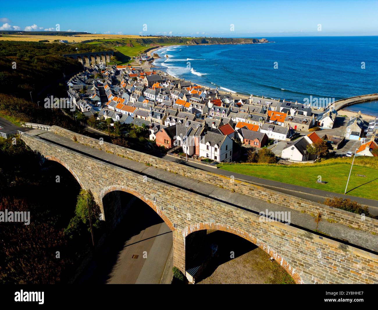 Aerial view from drone of Cullen village on Moray coast in Moray ...