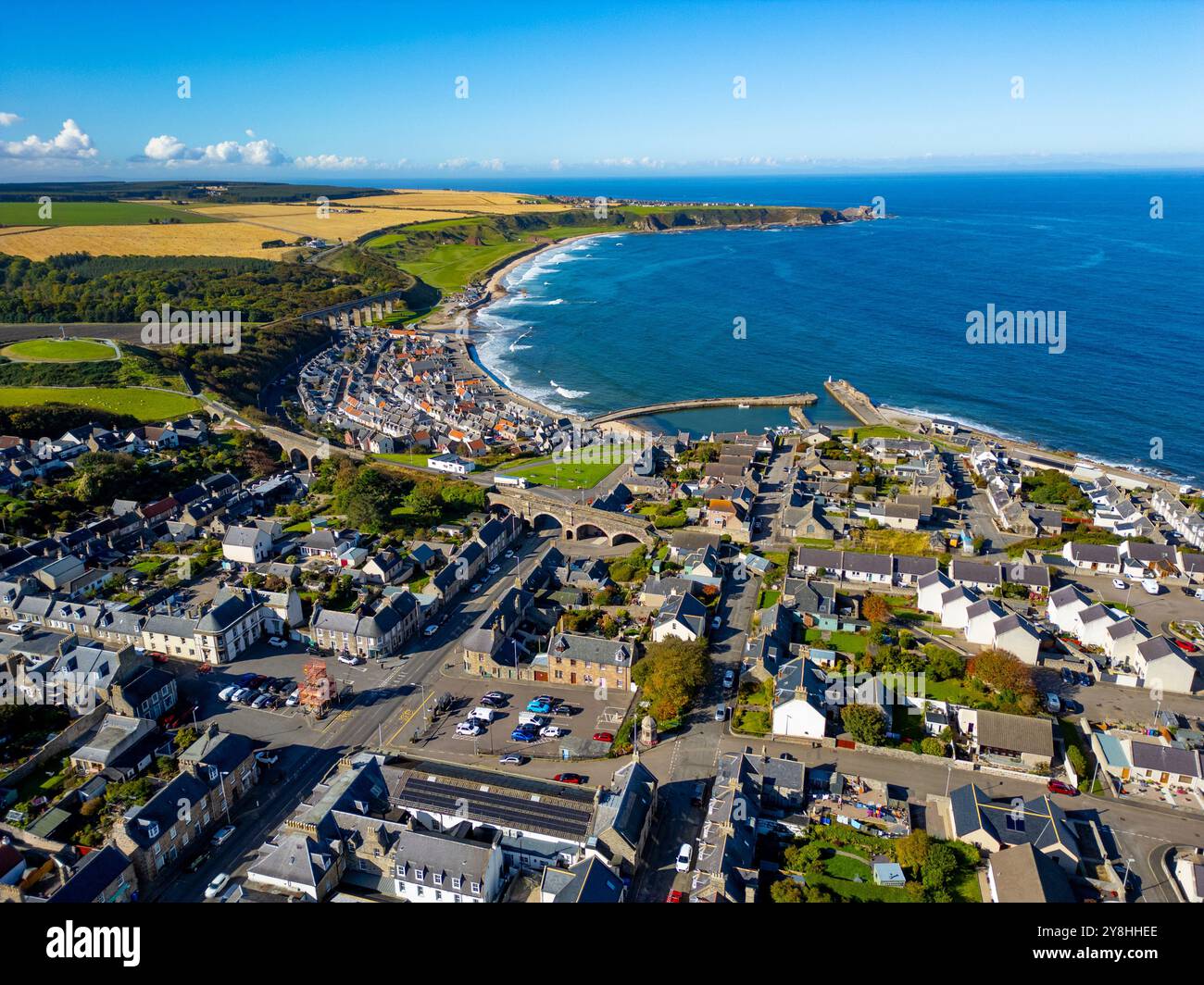 Aerial view from drone of Cullen village on Moray coast in Moray ...