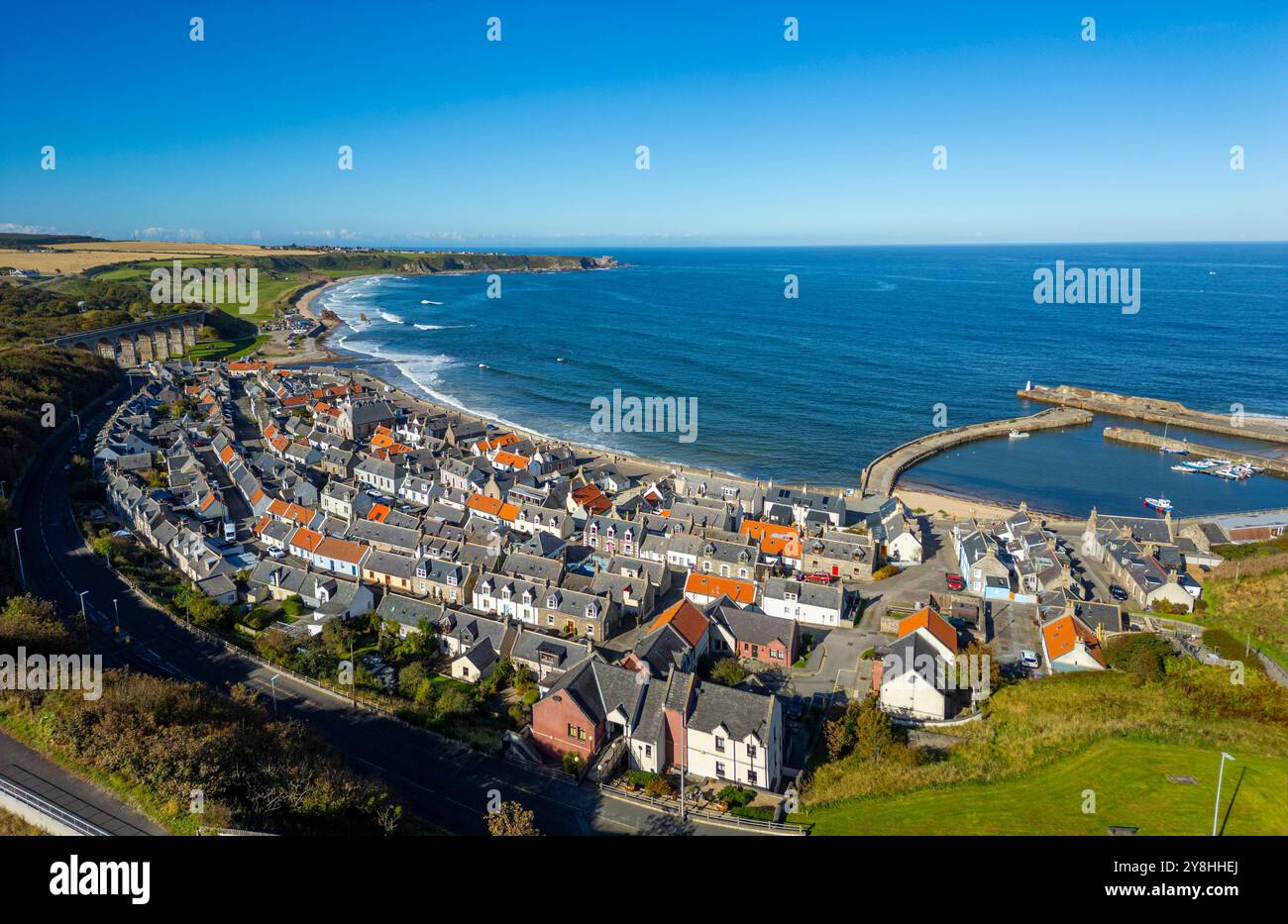 Aerial view from drone of Cullen village on Moray coast in Moray ...