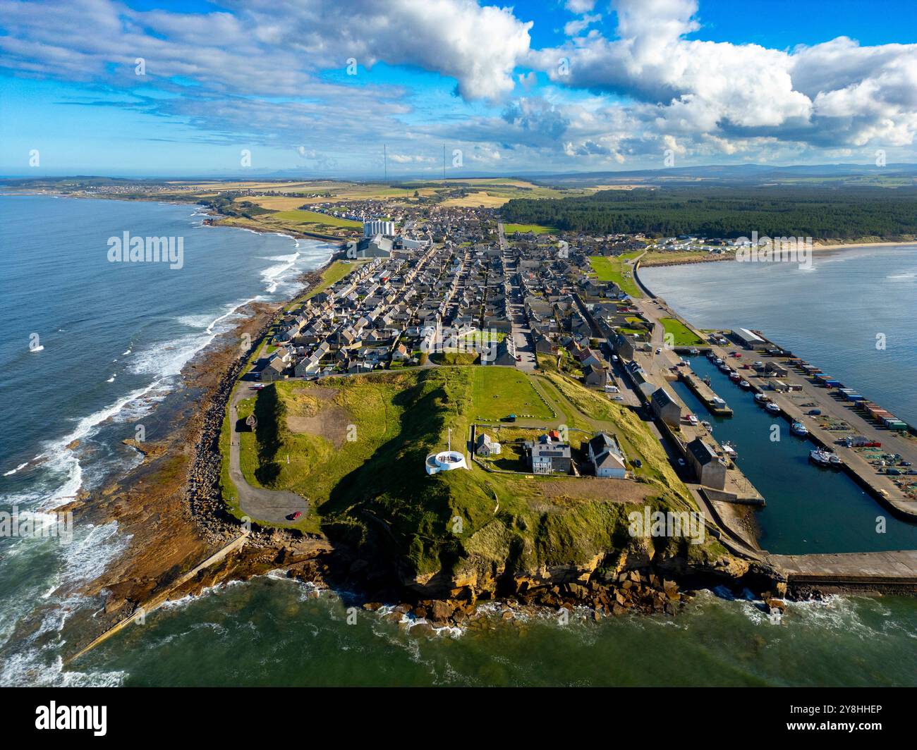 Aerial view from drone of Burghead on Moray coast in Aberdeenshire ...