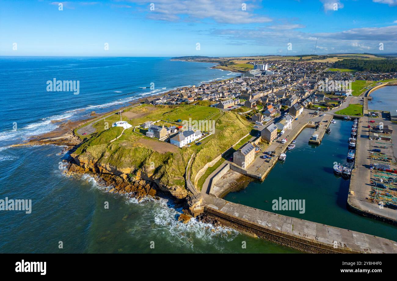 Aerial view from drone of Burghead on Moray coast in Aberdeenshire ...