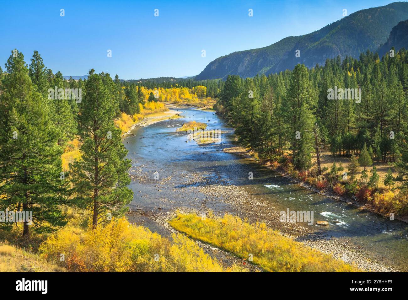 fall colors and cliffs along the blackfoot river near ovando, montana ...