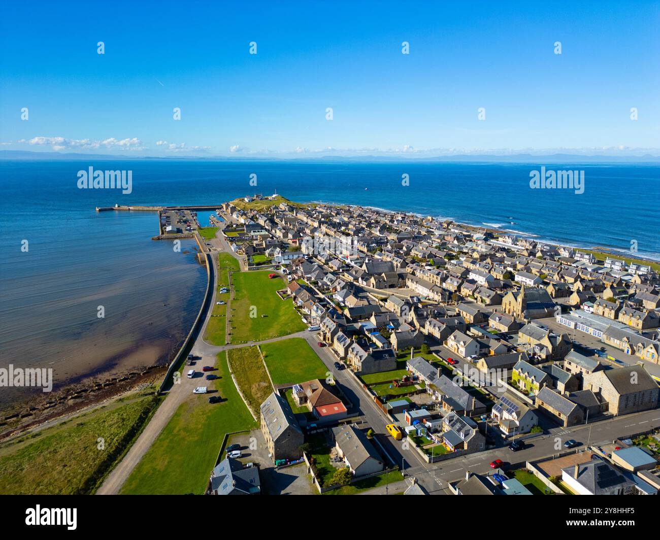 Aerial view from drone of Burghead on Moray coast in Aberdeenshire ...