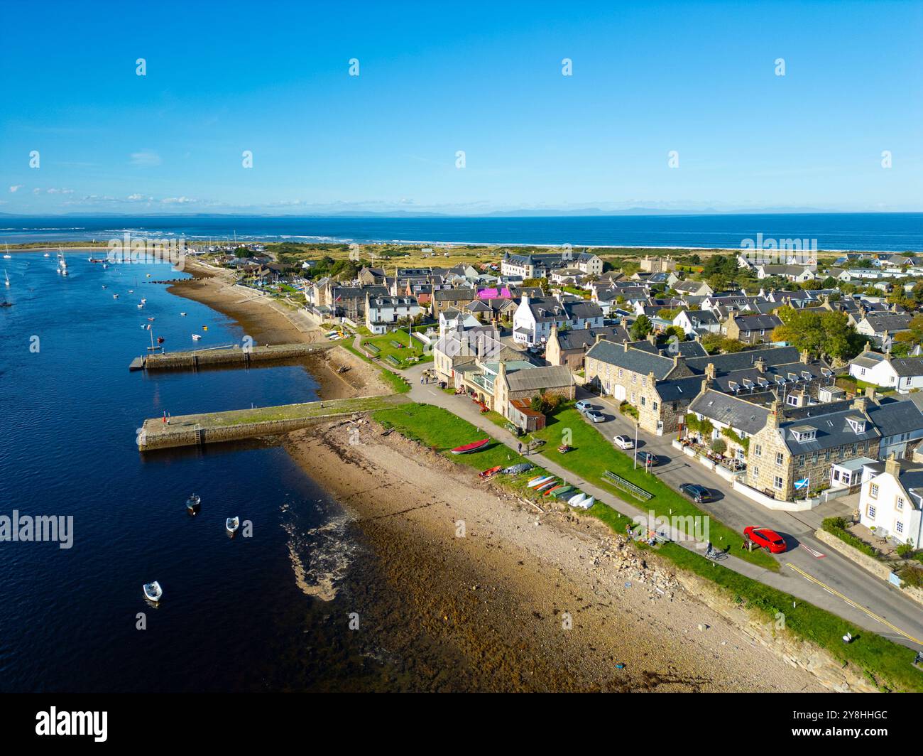 Aerial view from drone of Findhorn village on Moray coast in Moray ...