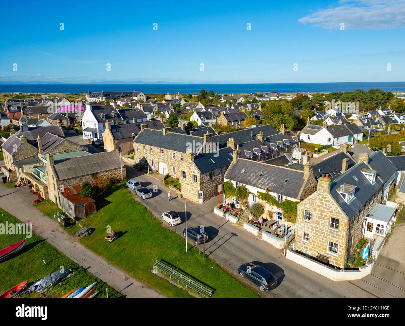 Aerial view from drone of Kimberley Inn hotel in Findhorn village on ...