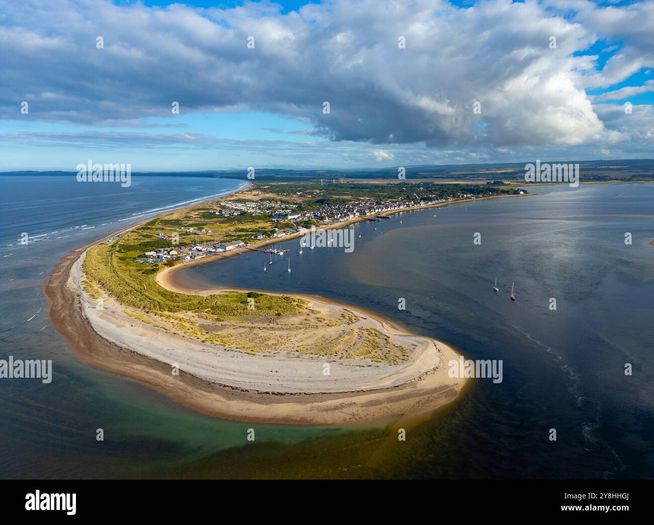 Aerial view from drone of Findhorn spit beach and village on Moray ...