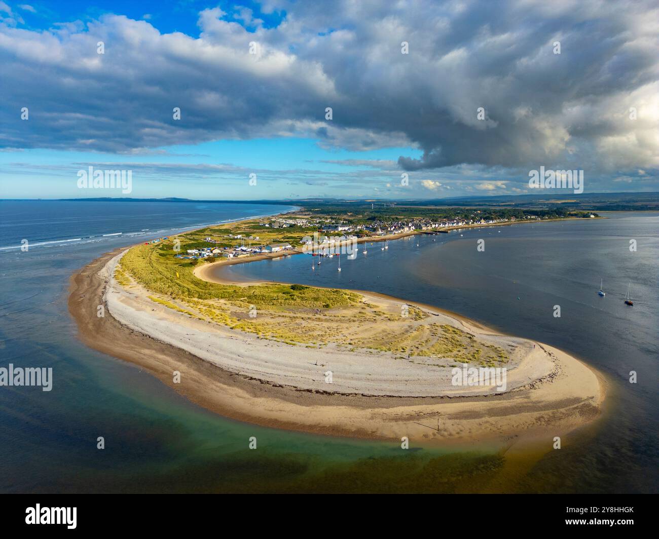 Aerial view from drone of Findhorn spit beach and village on Moray ...