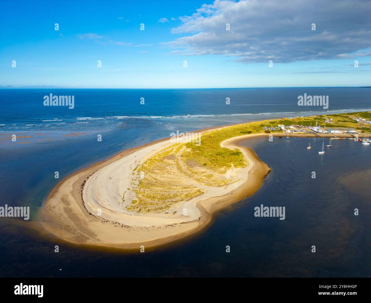 Aerial view from drone of Findhorn spit beach and village on Moray ...
