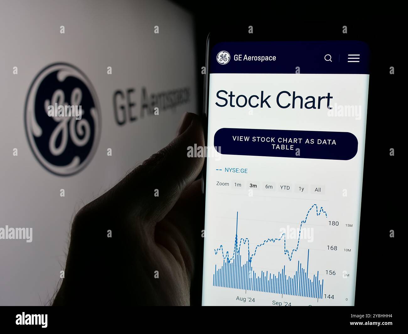 Person holding cellphone with website of US company GE Aerospace ...