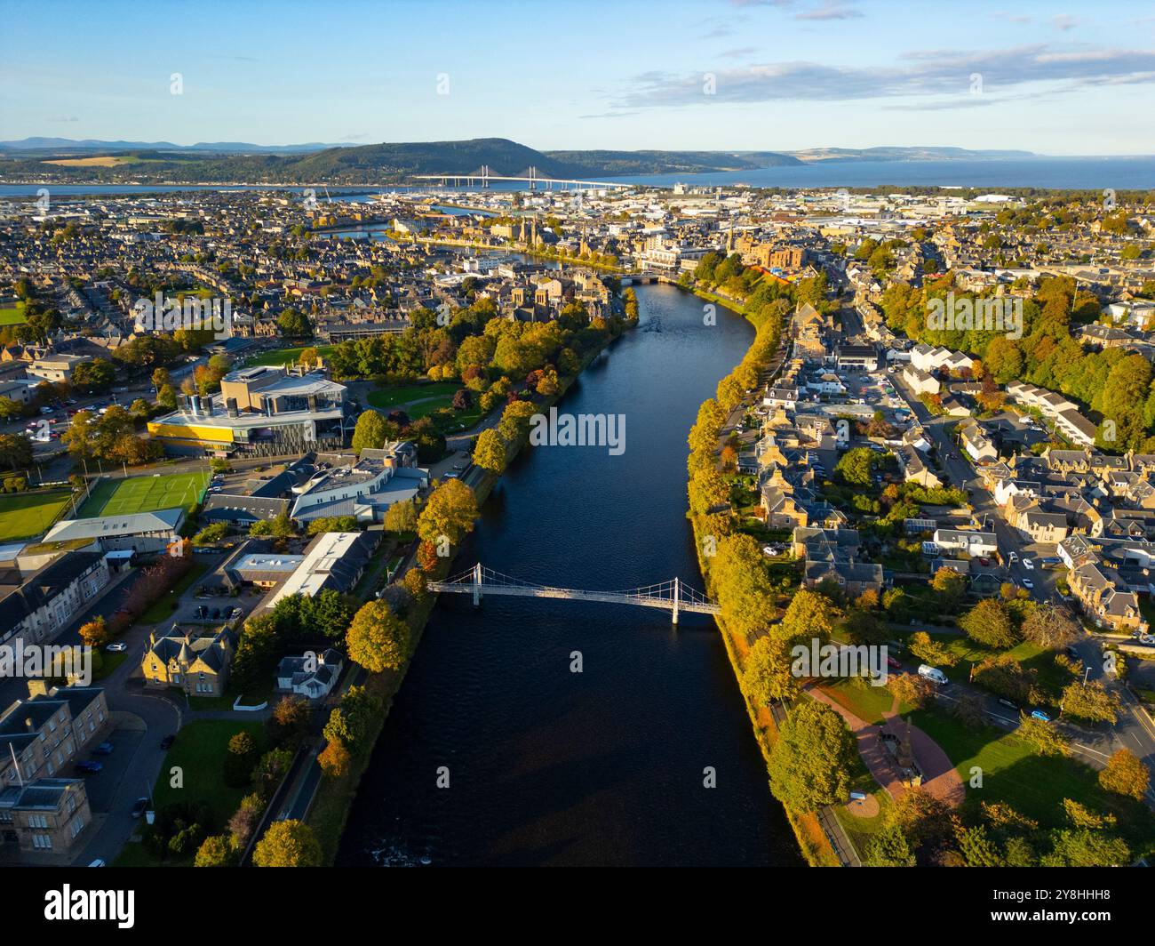 Aerial view from drone of River Ness in city centre of Inverness ...