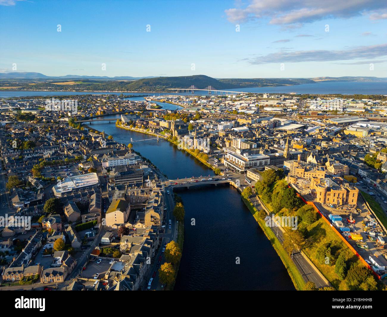 Aerial view from drone of River Ness in city centre of Inverness ...