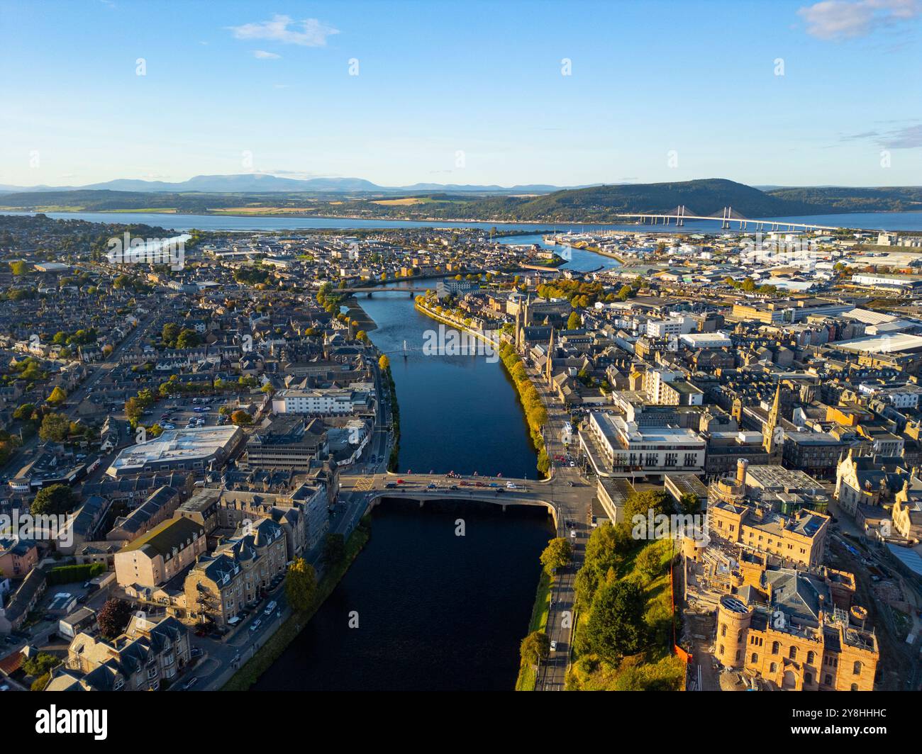 Aerial view from drone of River Ness in city centre of Inverness ...